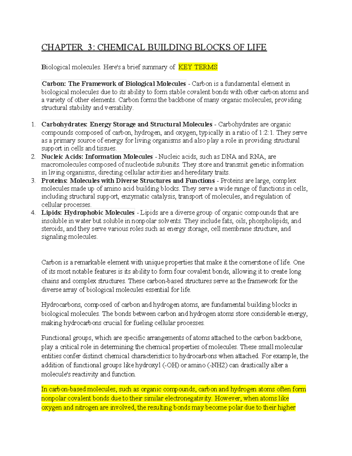BIO 151 Chapter 3 - notes - CHAPTER 3: CHEMICAL BUILDING BLOCKS OF LIFE ...