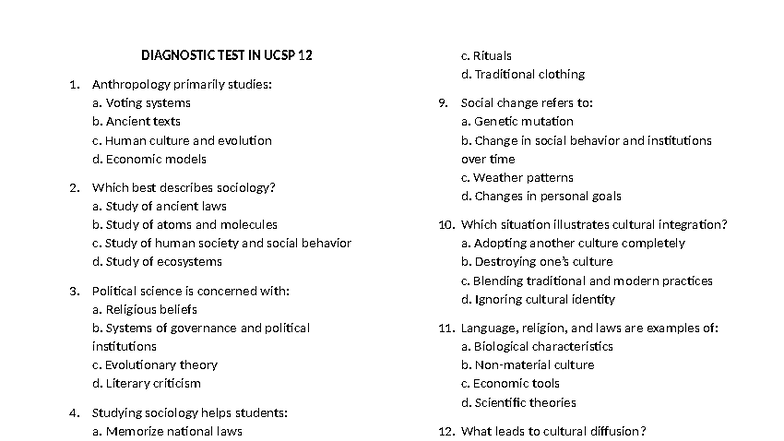 Diagnostic Test in UCSP 12: Understanding Culture and Society - Studocu