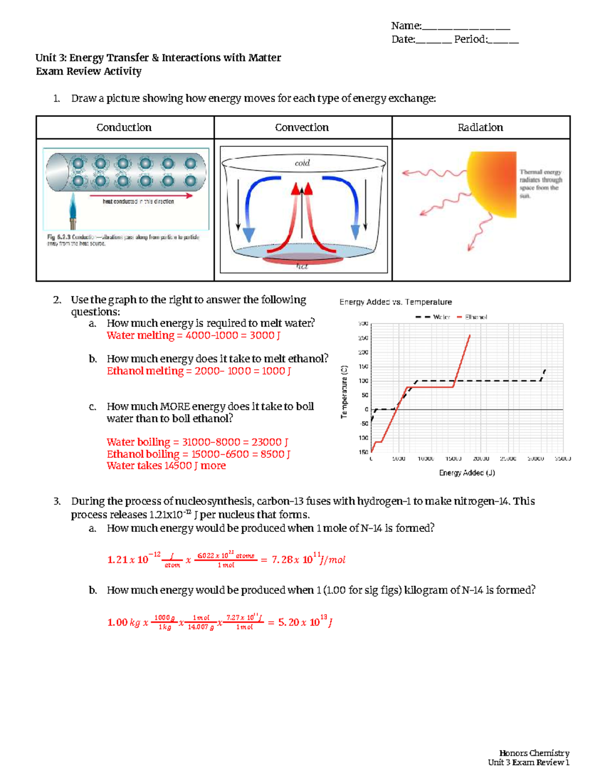 Honors Chemistry Unit 3: Energy Transfer Exam Review Activities - Studocu