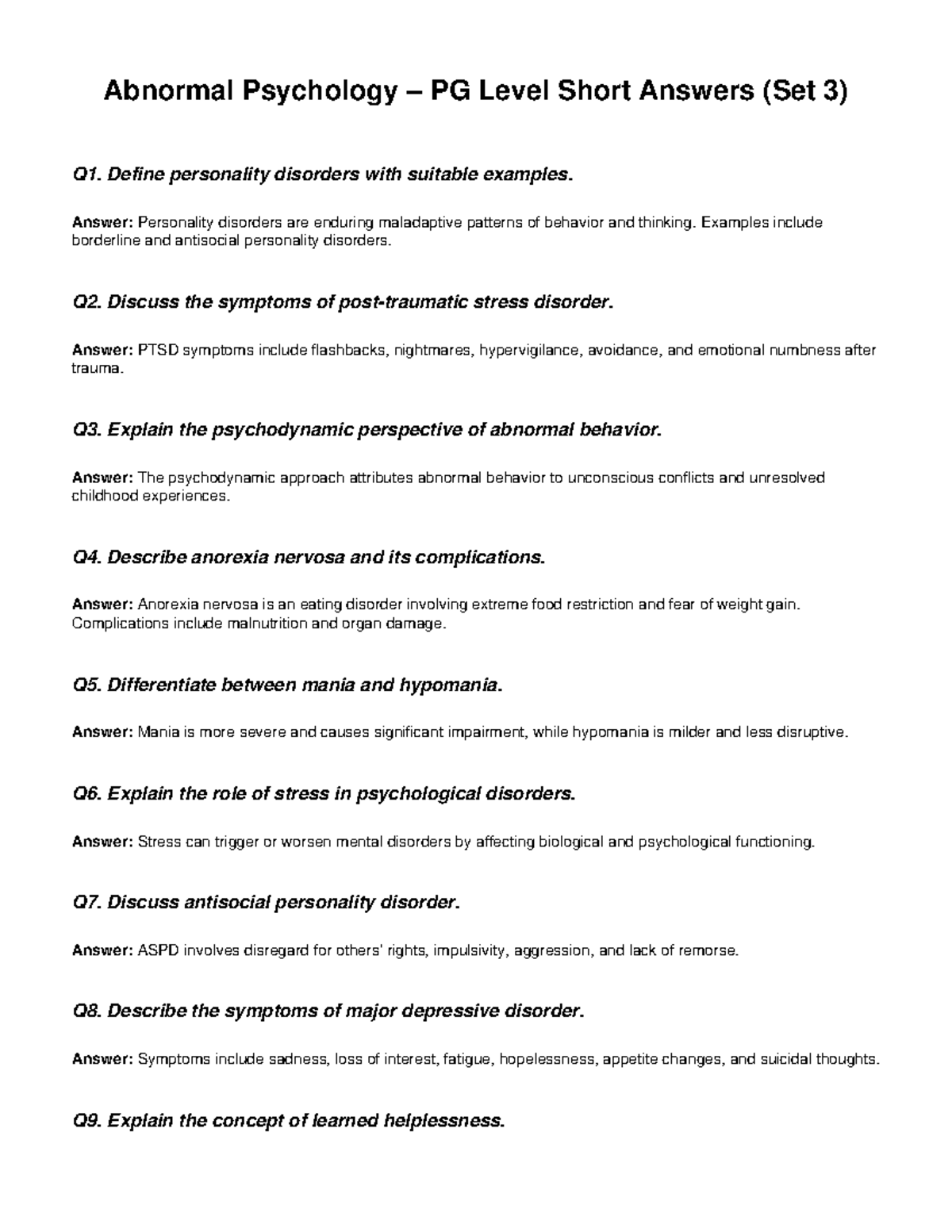Abnormal Psychology PG Level Short Answers Set 3 - Studocu