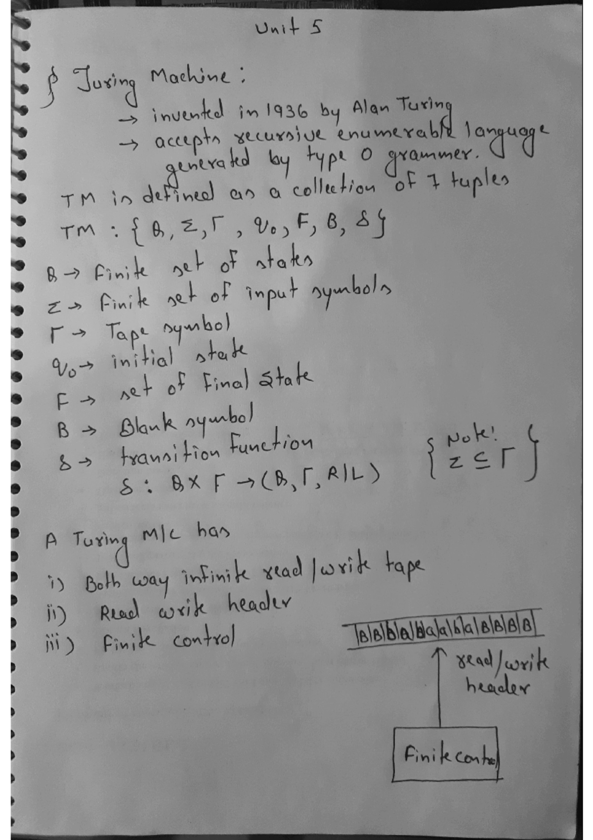 Unit 5: Class Notes on Turing Machines and Recursive Languages - Studocu