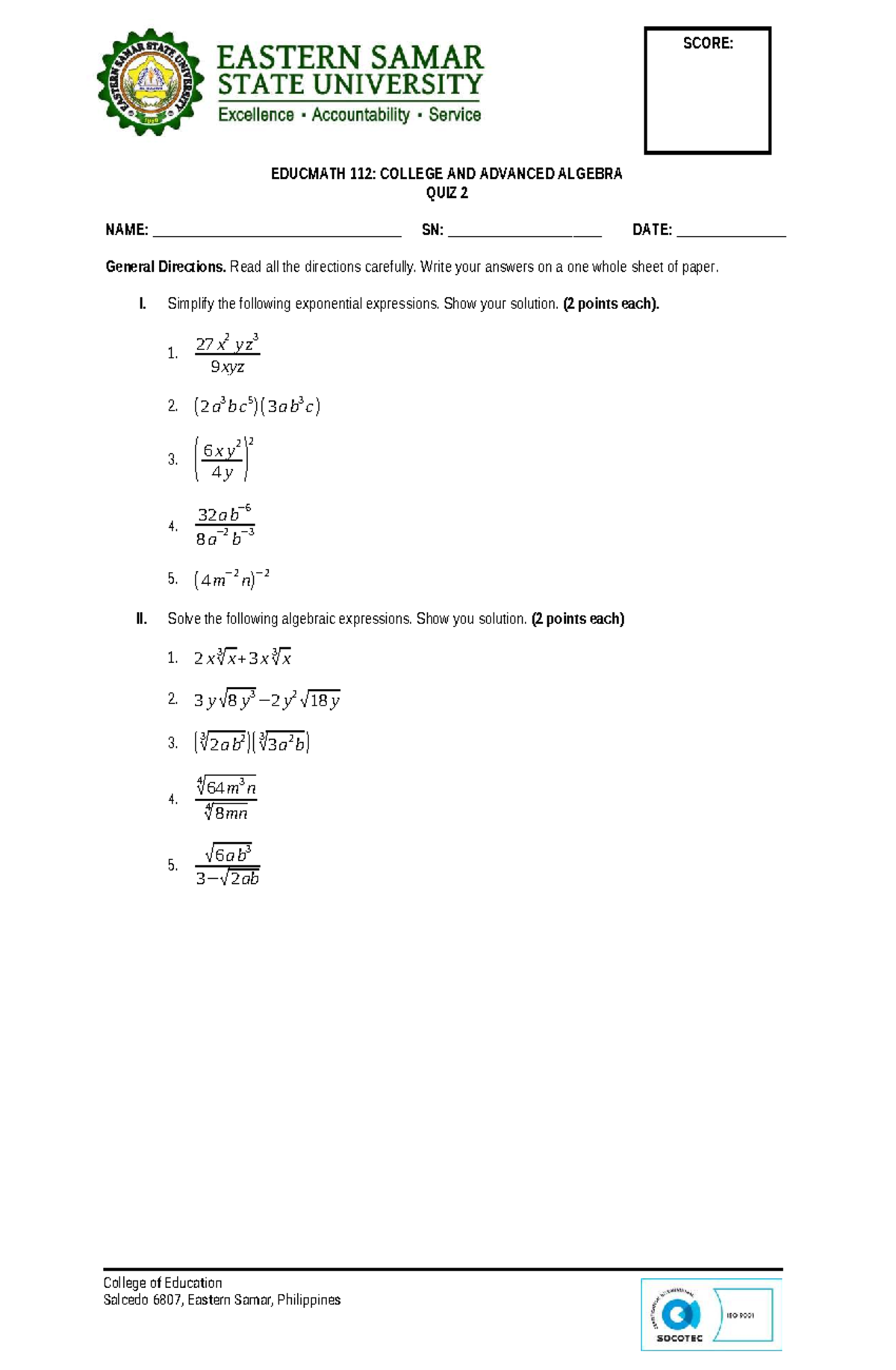 Educmath 112: College & Advanced Algebra Quiz 2 - Studocu