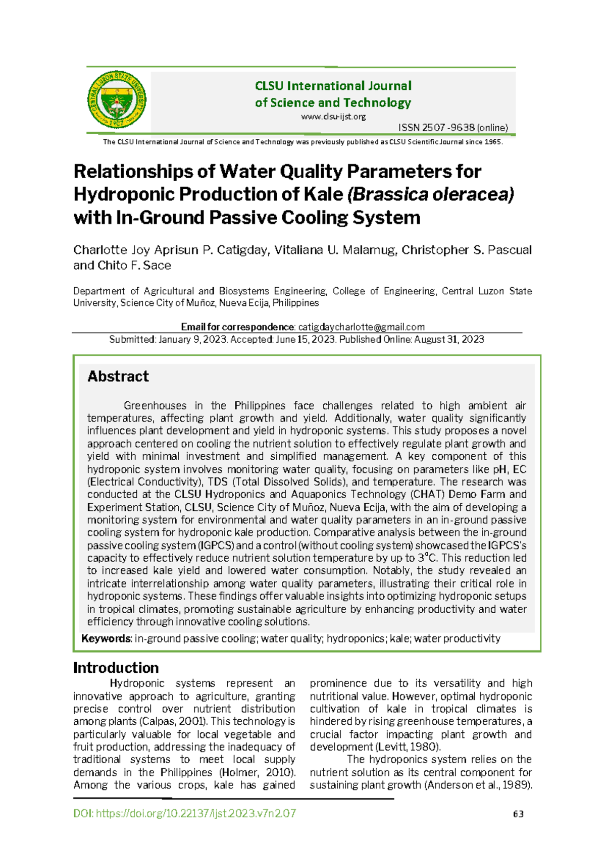 CLSU 2023 Case Study: Water Quality & Passive Cooling in Hydroponic ...