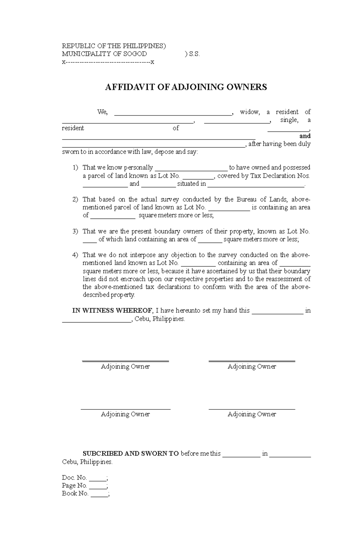 Affidavit of Adjoining Owners Format - Legal Document Template - Studocu