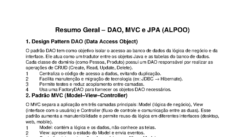 Resumo Geral DAO, MVC e JPA (ALPOO) - Notas de Estudo - Studocu