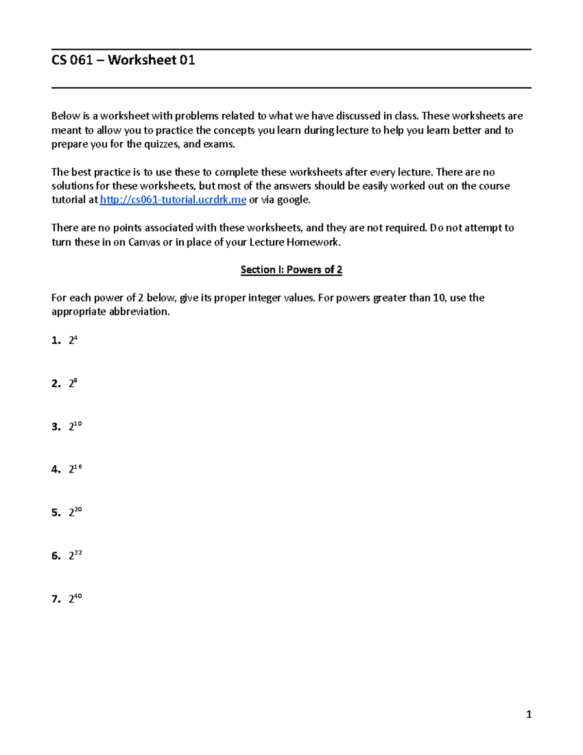 CS 061 - Worksheet 01: Powers of 2 & Number Ranges Practice - Studocu