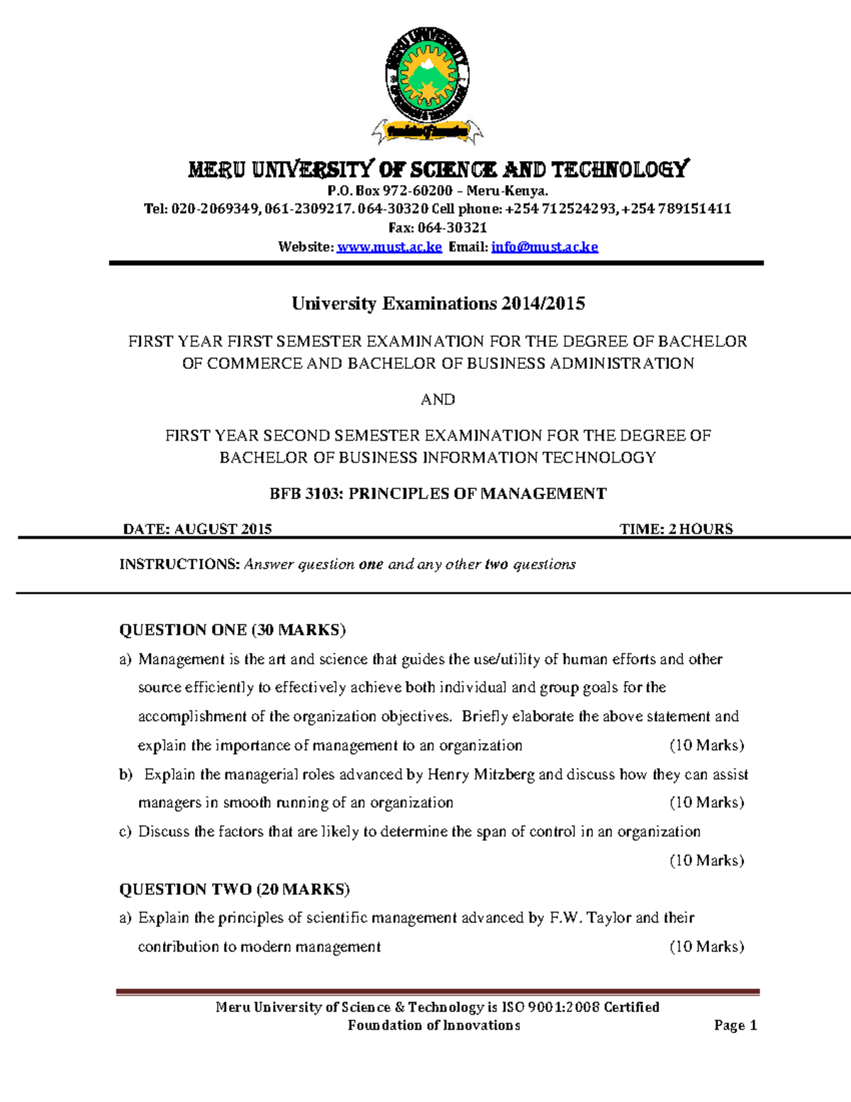 BFB 3103: Principles of Management - First Year Exam Notes - Studocu