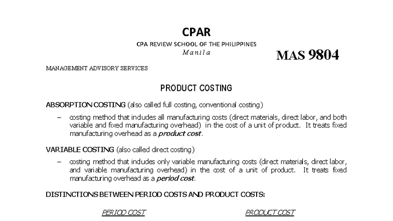 MAS 9804 Product Costing: Absorption vs. Variable Costing Analysis ...
