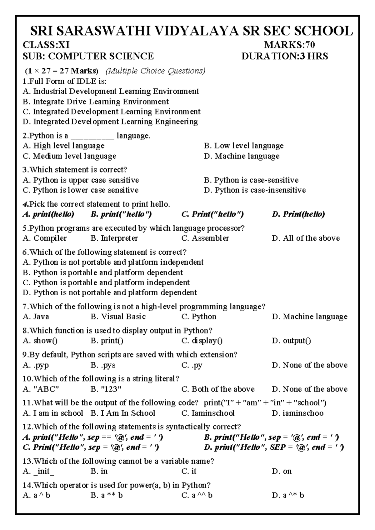 Class XI Computer Science Final Exam - MCQ & Short Answers - Studocu