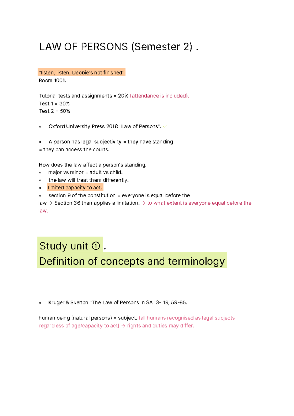 LAW OF PERSONS Study Notes (LAW 201 - Semester 2) - Studocu