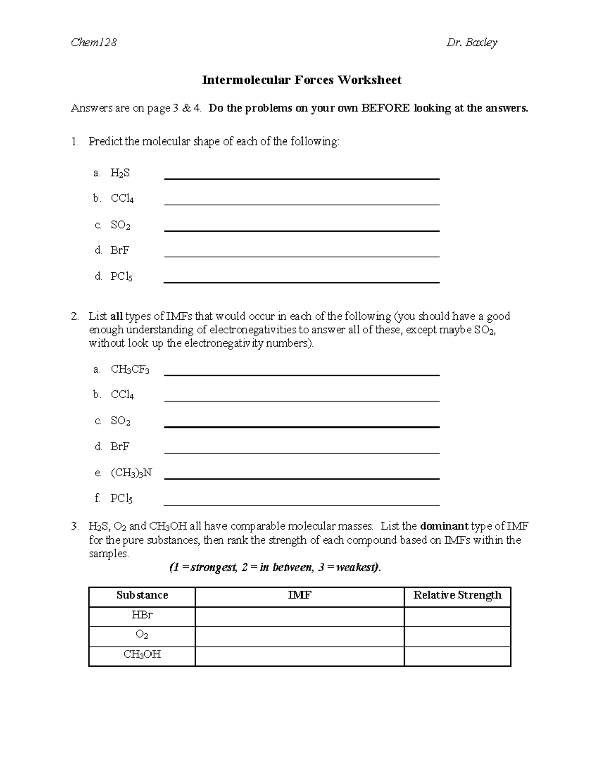 Chem128 Intermolecular Forces Worksheet Answers by Dr. Baxley - Studocu