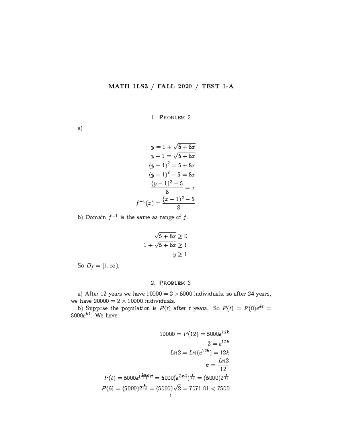 Short Answers for Test 1 - MATH 1LS3 / FALL 2020 / TEST 1-A Problem 2 a ...