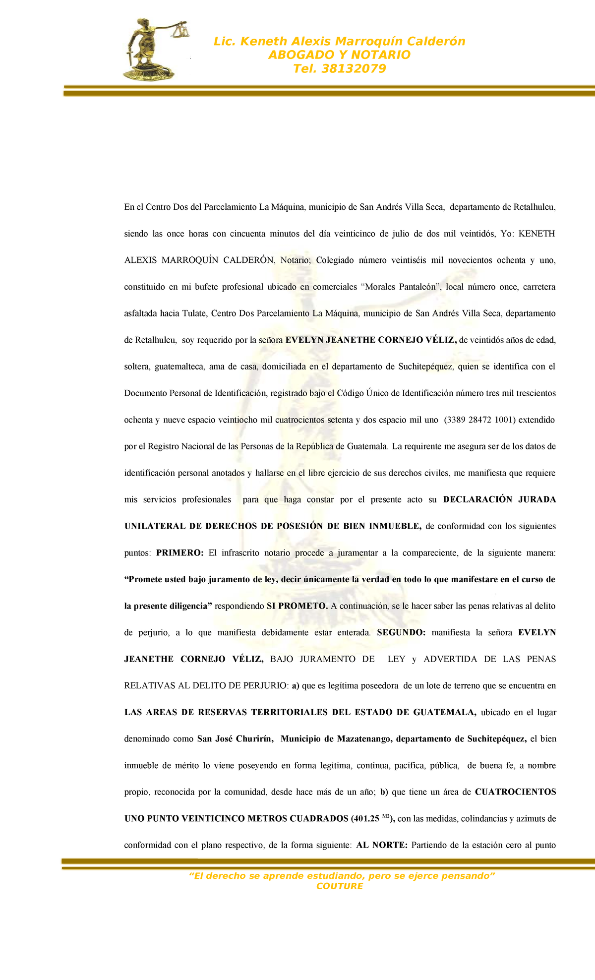 Declaración Jurada Unilateral de Derechos de Posesión - CJ-2022 - Studocu