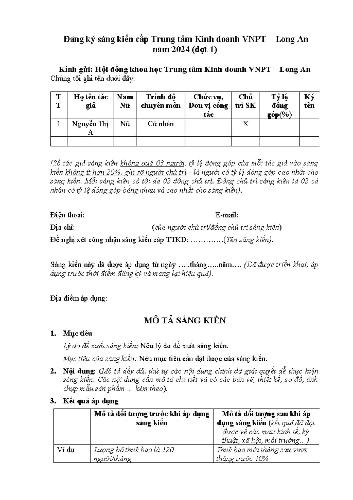 Mẫu Đăng Ký Sáng Kiến Cấp TTKD VNPT Long An 2024 (Đợt 1) - Studocu