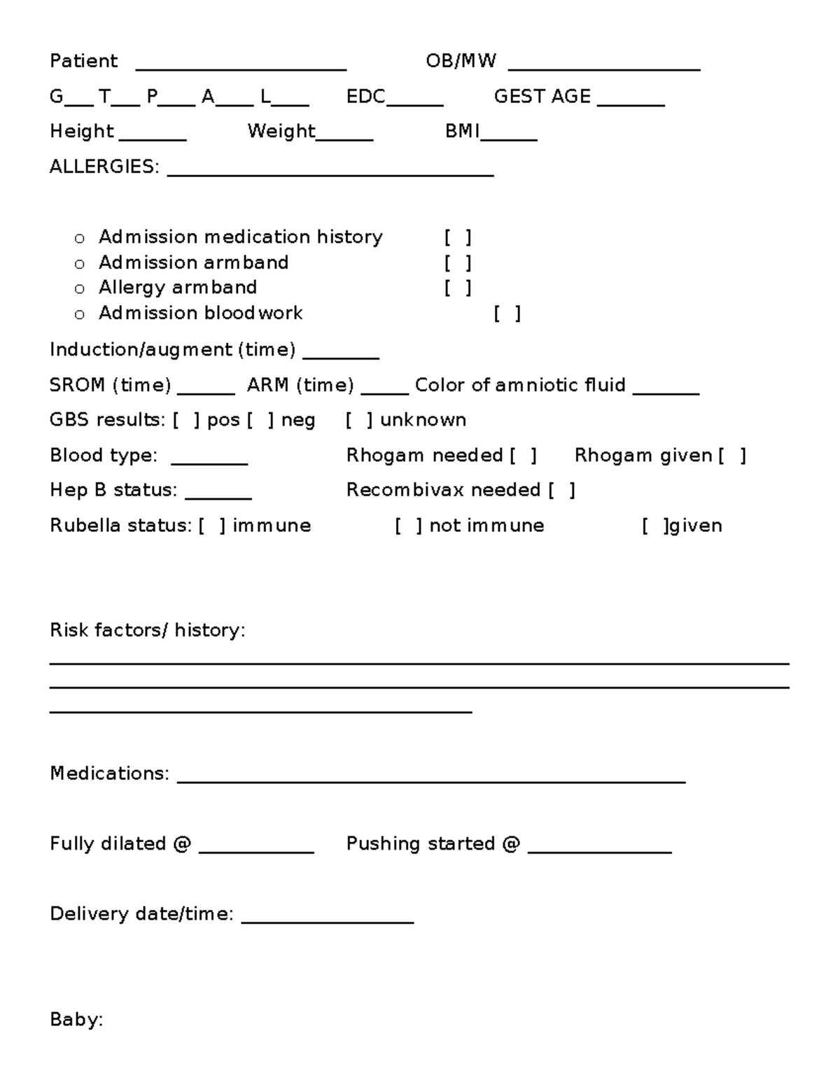 Postpartum Worksheet: Patient Height, GEST AGE, and Allergies - Studocu