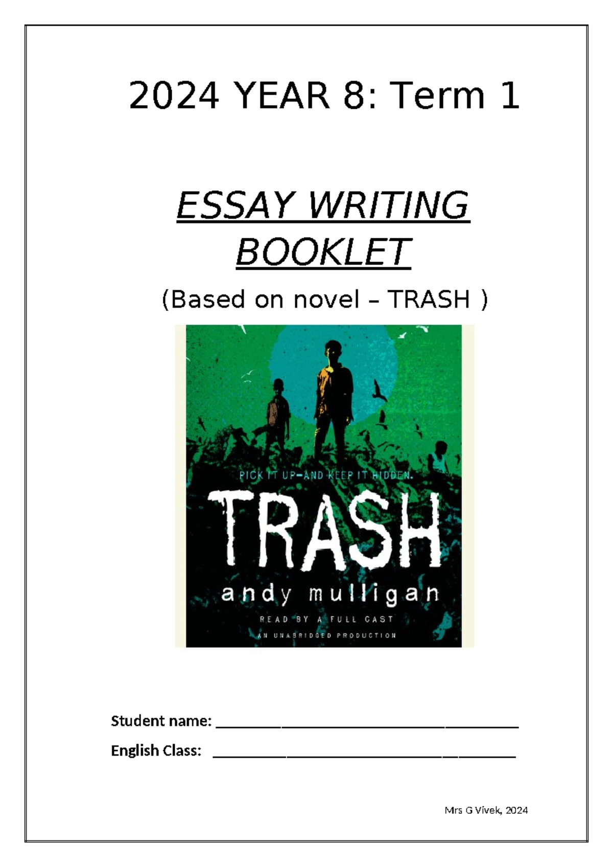 Year 8 English Essay Writing Booklet on 'Trash' (2024 Edition) - Studocu