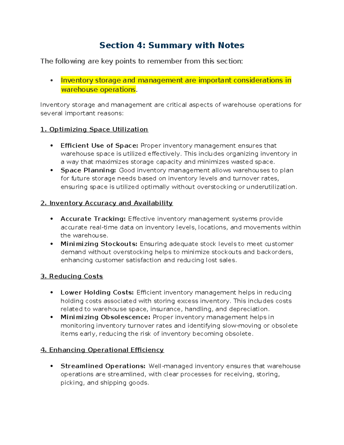 D470 - Section 4: Key Points on Warehouse Inventory Management - Studocu