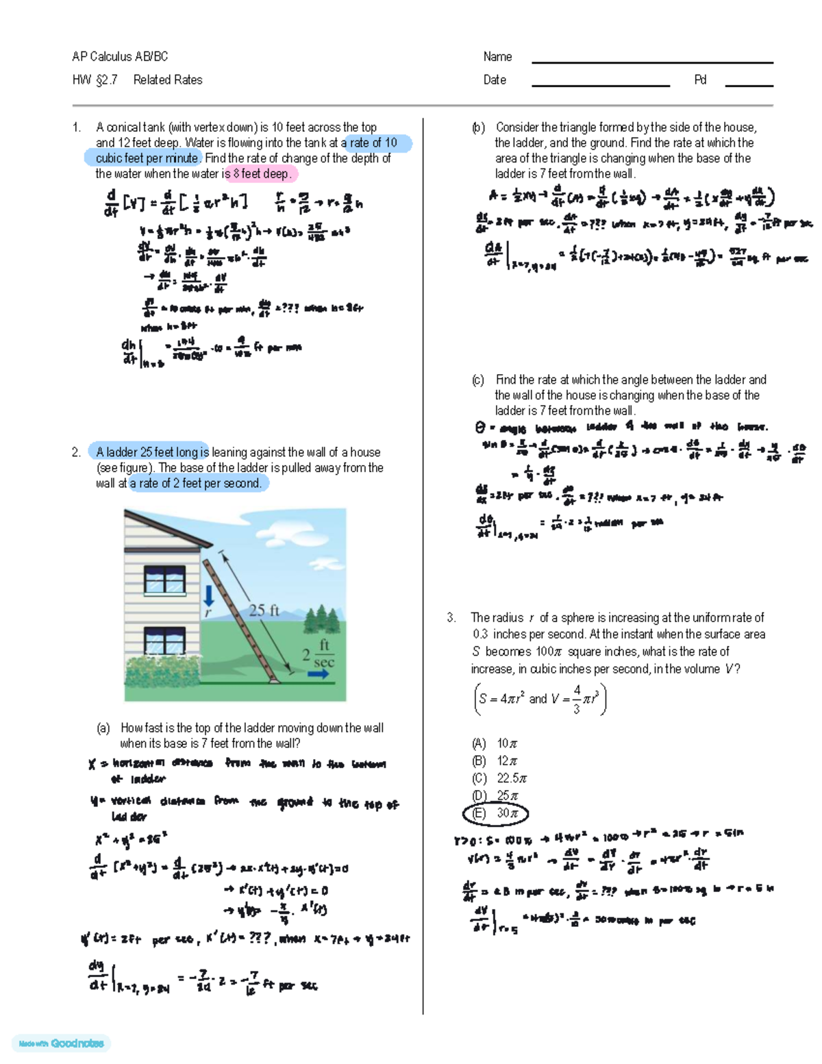 AP Calculus (02.07) - Related Rates Problem Set - Studocu