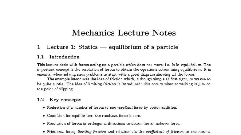 Mechanics Lecture Notes 1: Statics and Dynamics Overview - Studocu
