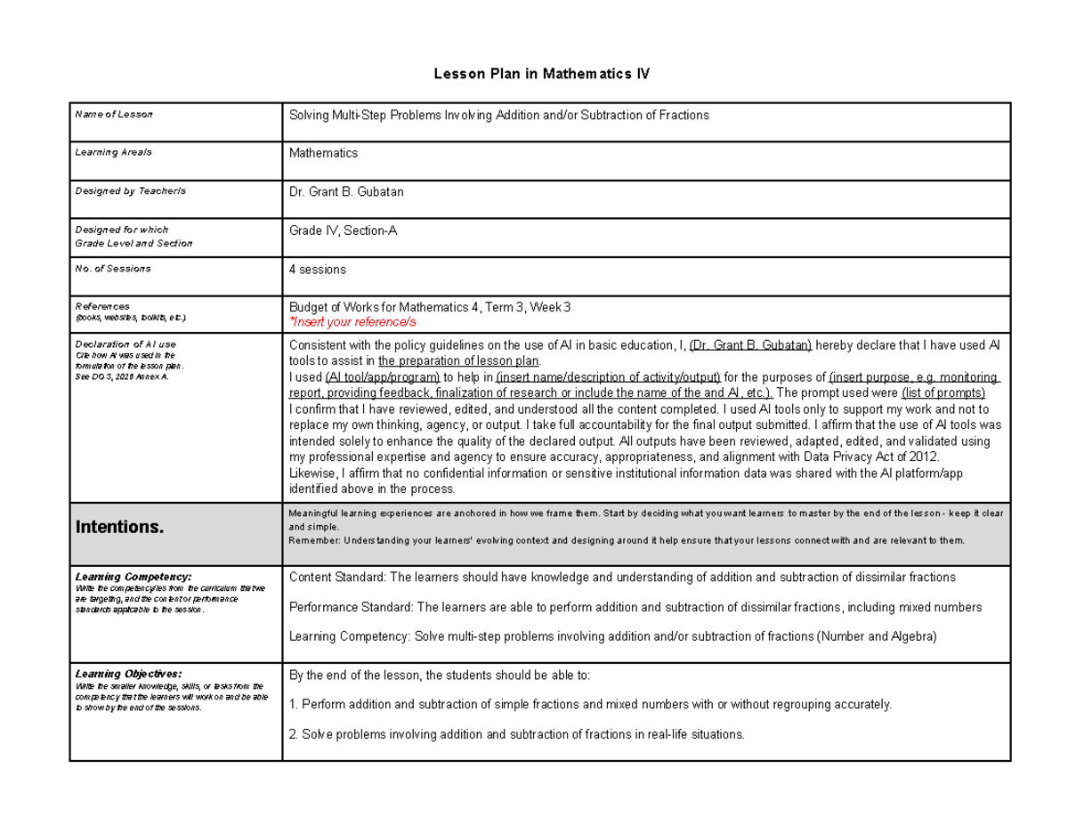 Mathematics IV Lesson Plan: Solving Addition & Subtraction of Fractions ...
