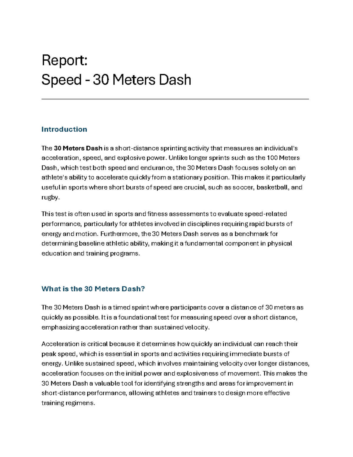 30 Meters Dash Report: Assessing Speed and Explosive Power - Studocu