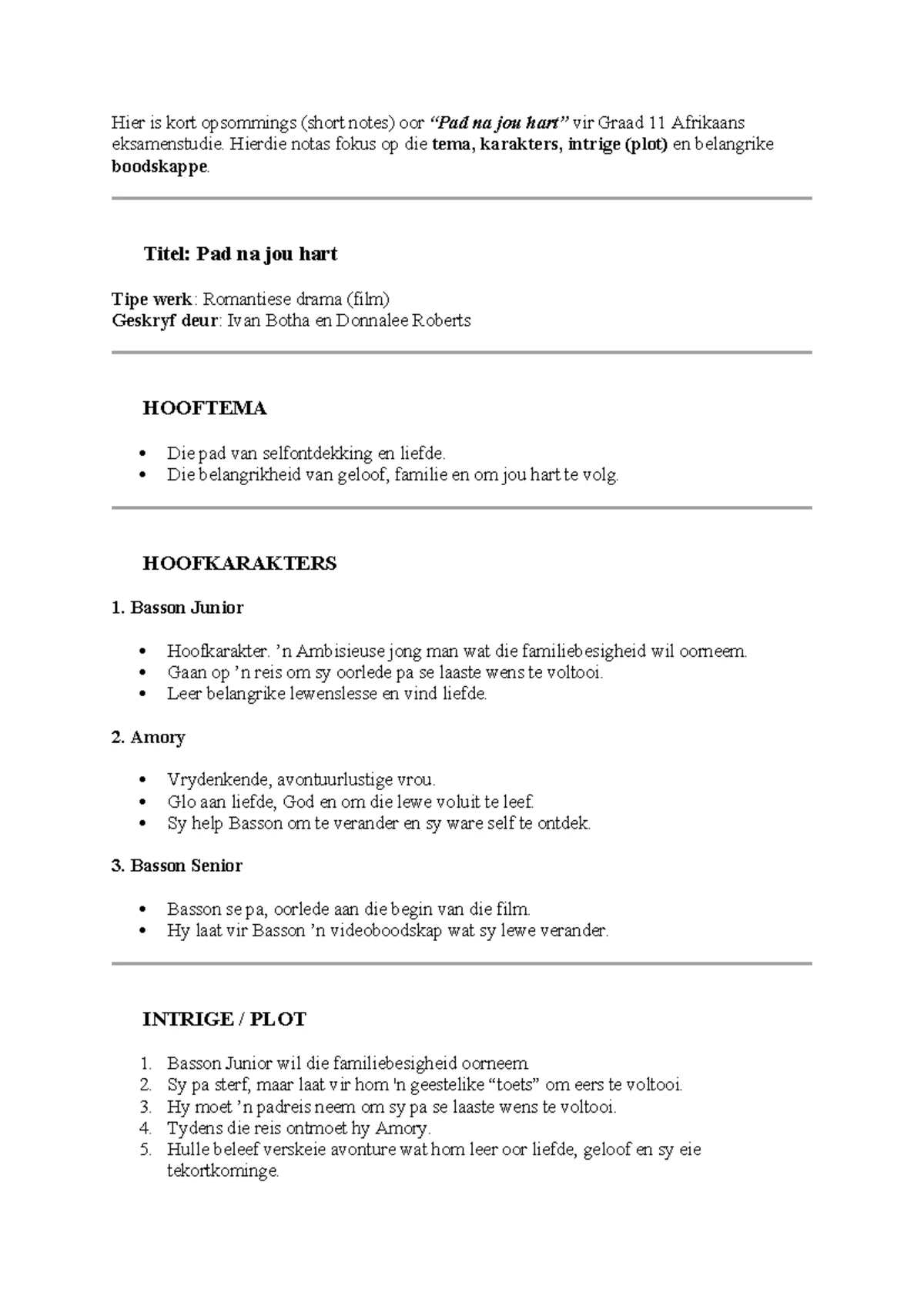 PAD NA JOU HART: Graad 11 Afrikaans Eksamenstudie Notas en Vrae - Studocu