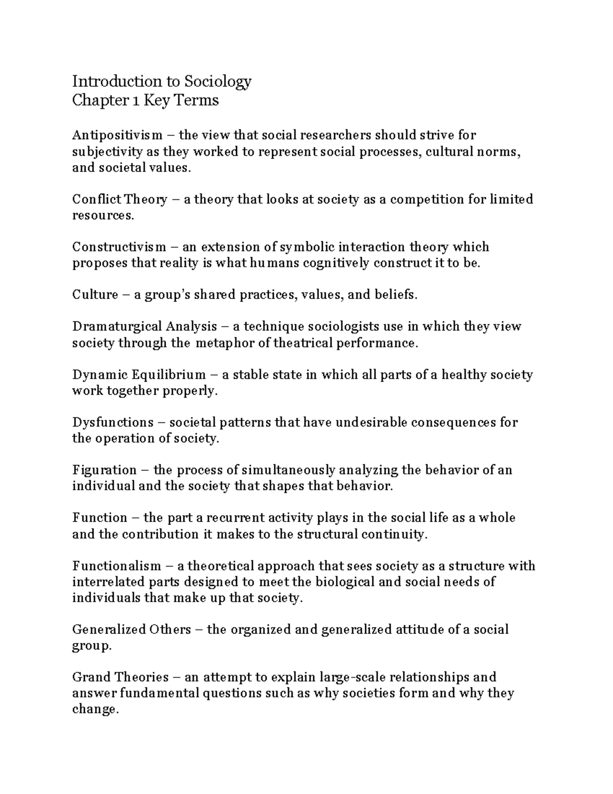 Sociology Chapter 1 Key Terms - Introduction to Sociology Chapter 1 Key ...