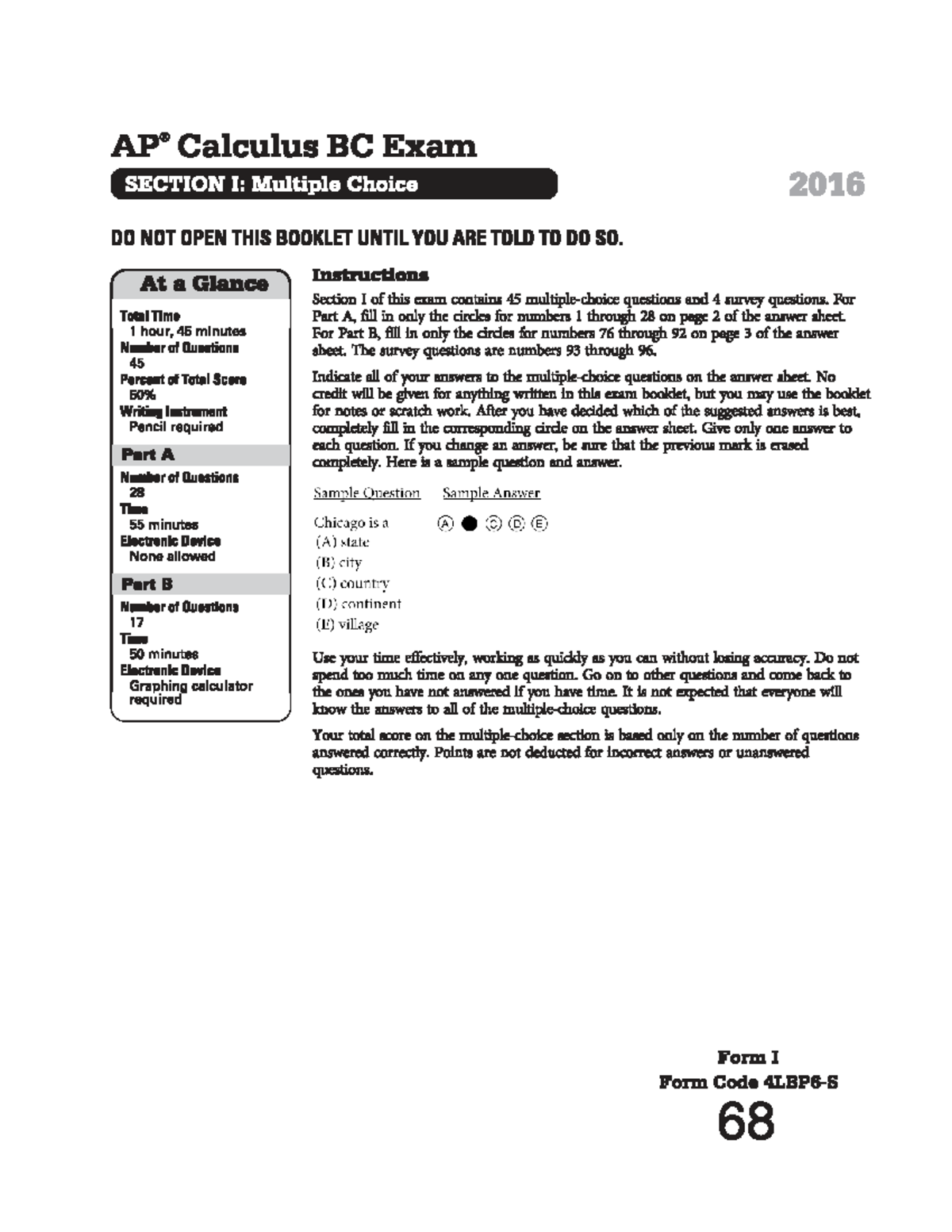 AP Calculus BC Exam Mock 6: Multiple Choice Section I 2016 - Studocu