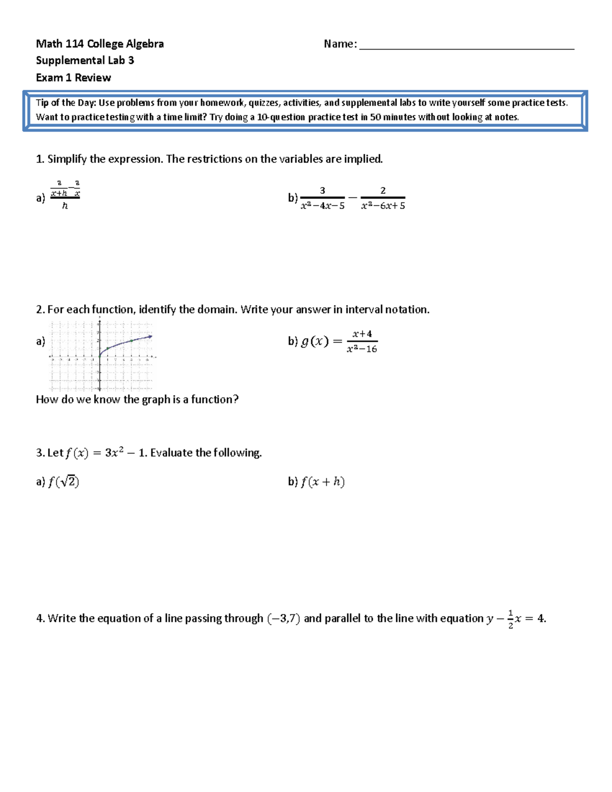 Math 114 College Algebra Supplemental Lab 3 Exam 1 Review Guide - Studocu