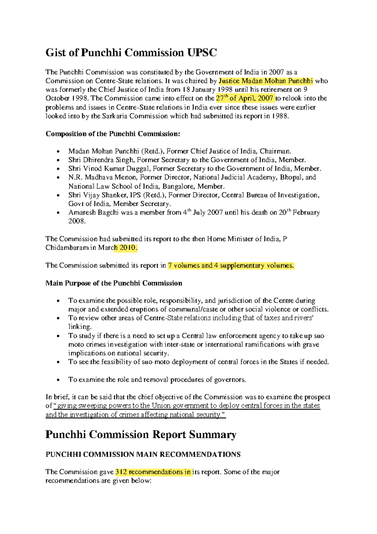 Punchhi Commission Report Summary & Key Recommendations - Studocu
