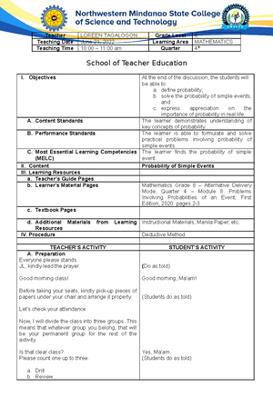 Combination - Lesson Plan - Teacher LOREEN TAGALOGON Grade Level 10 ...