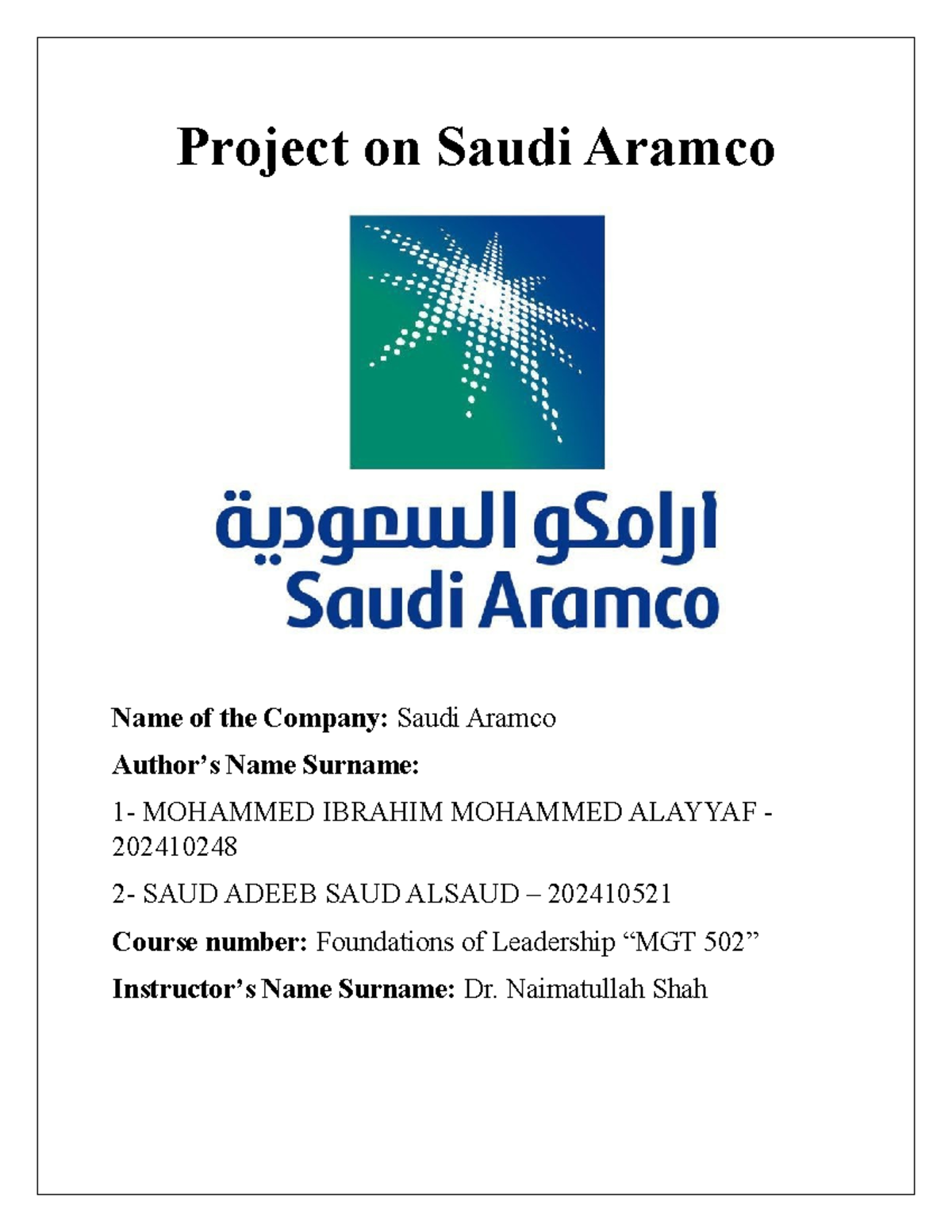 Project on Saudi Aramco - Naimatullah Shah Contents - Studocu