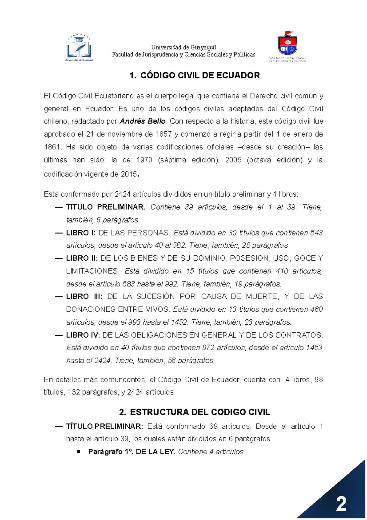 Estructura del Código Civil de Ecuador: Análisis y Detalles - Studocu