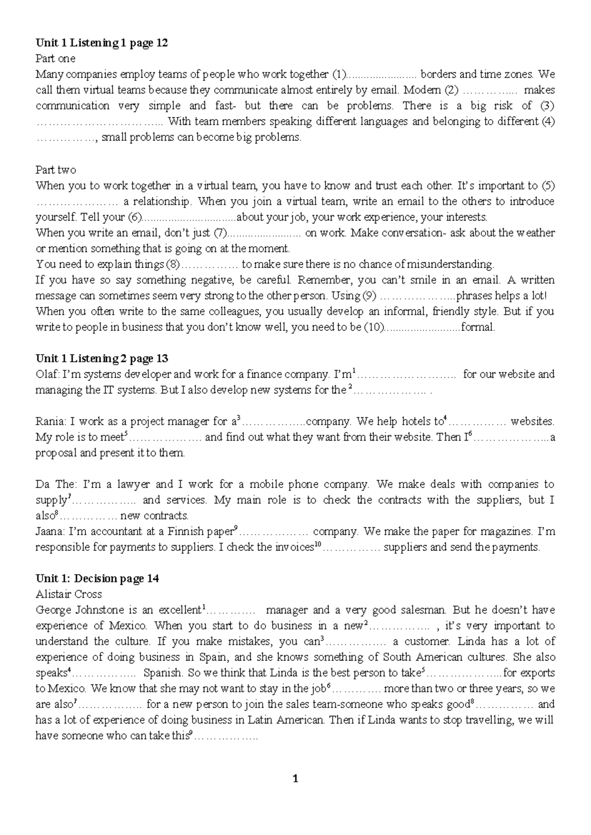 Unit 1 Listening & Decision - Fill in the Blanks Exercises (FILE NGHE ...