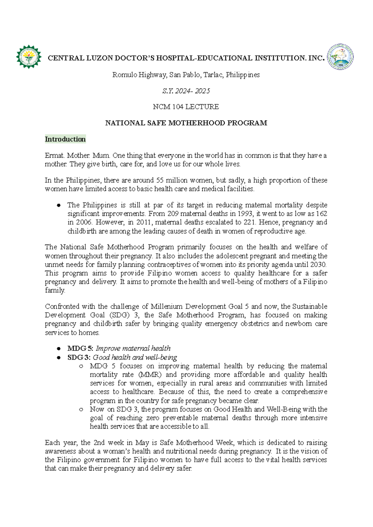 NCM 104 Lecture: National SAFE Motherhood Program Report 2024-2025 ...