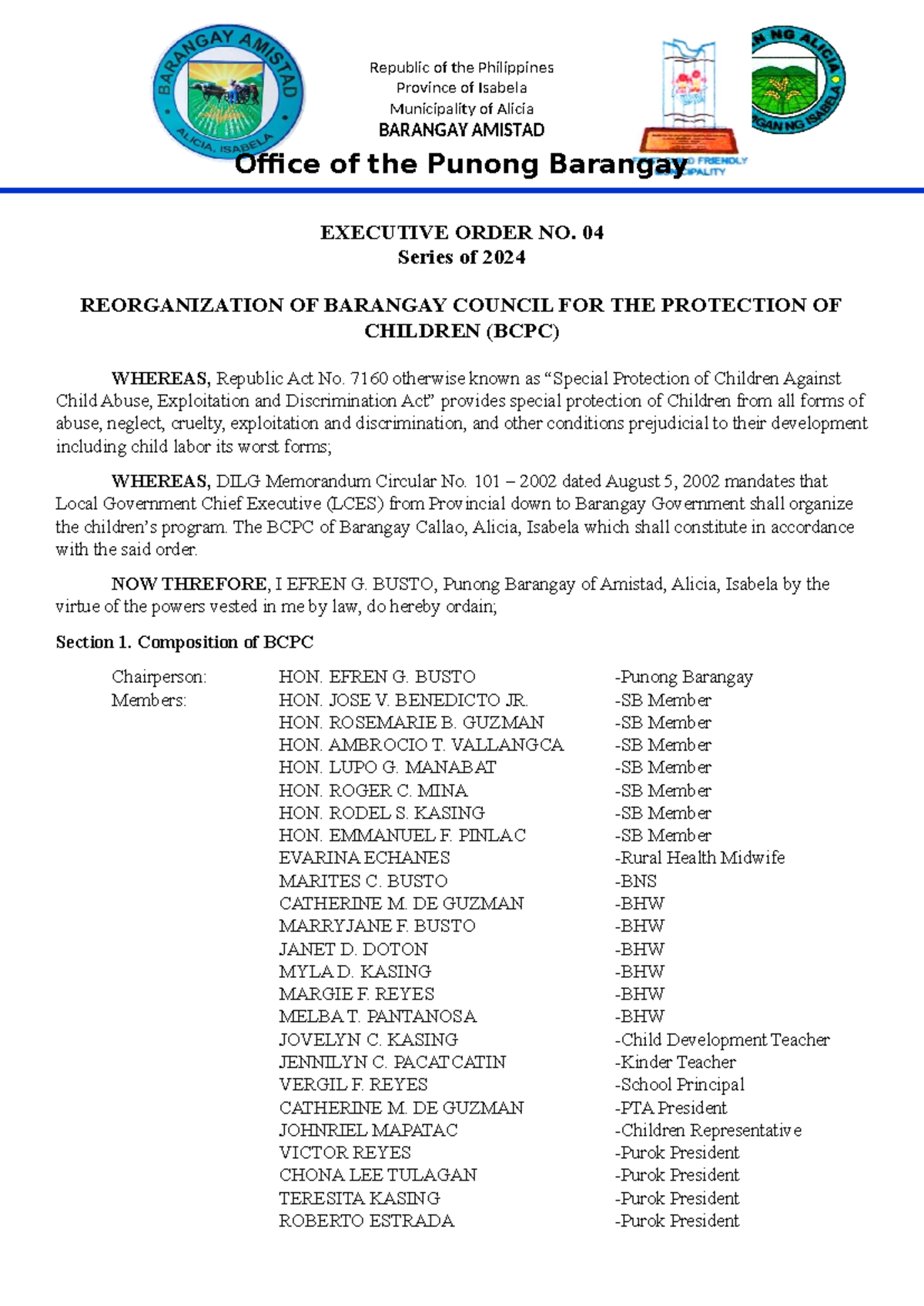 Executive Order No. 04: Reorganization of BCPC in Barangay Amistad ...