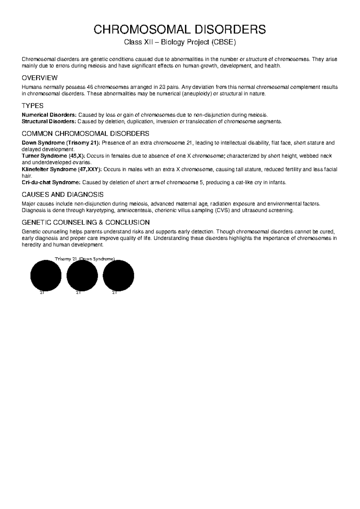 CHROMOSOMAL DISORDERS Class XII Biology Project (CBSE) Overview - Studocu