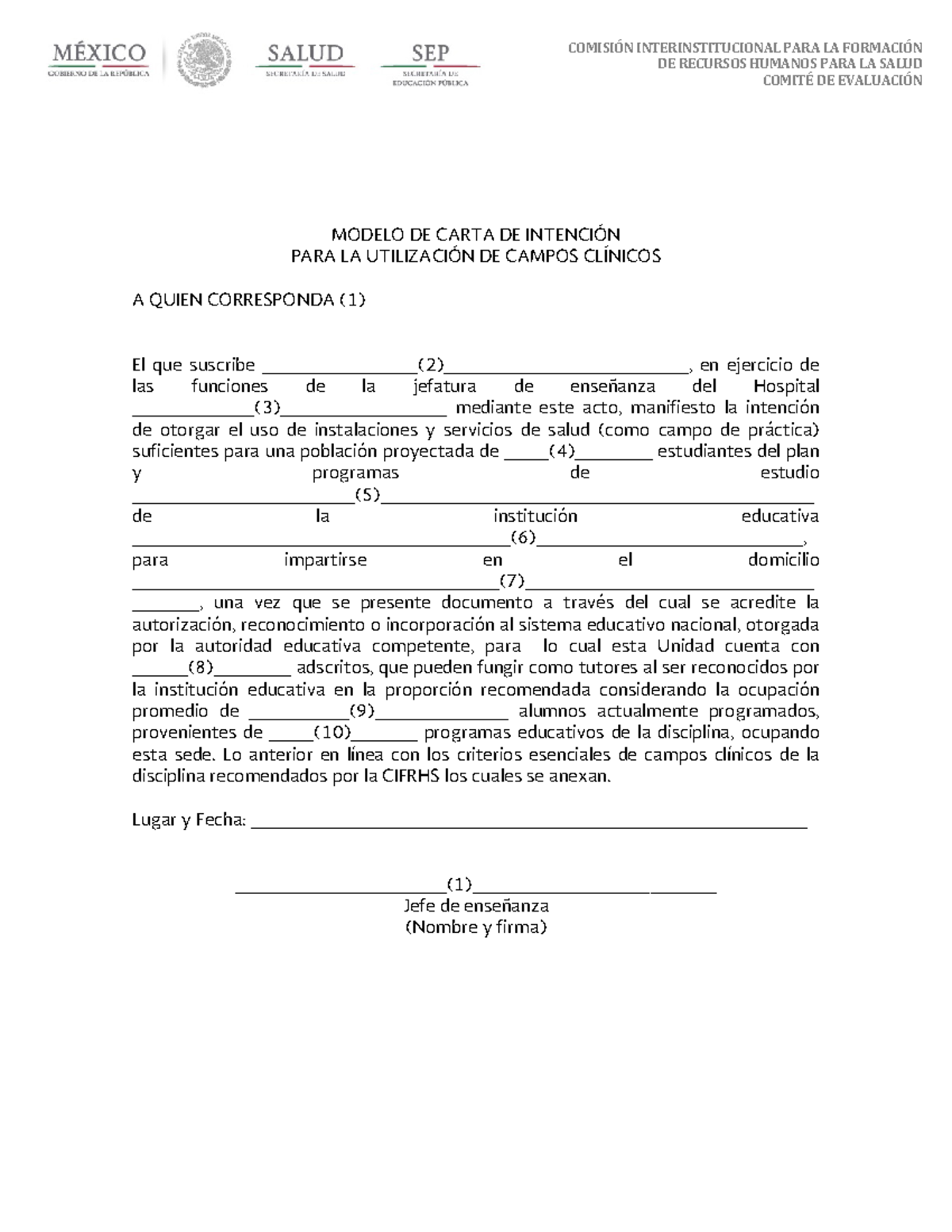 Modelo de Carta de Intención para Uso de Campos Clínicos Cifrhs - Studocu