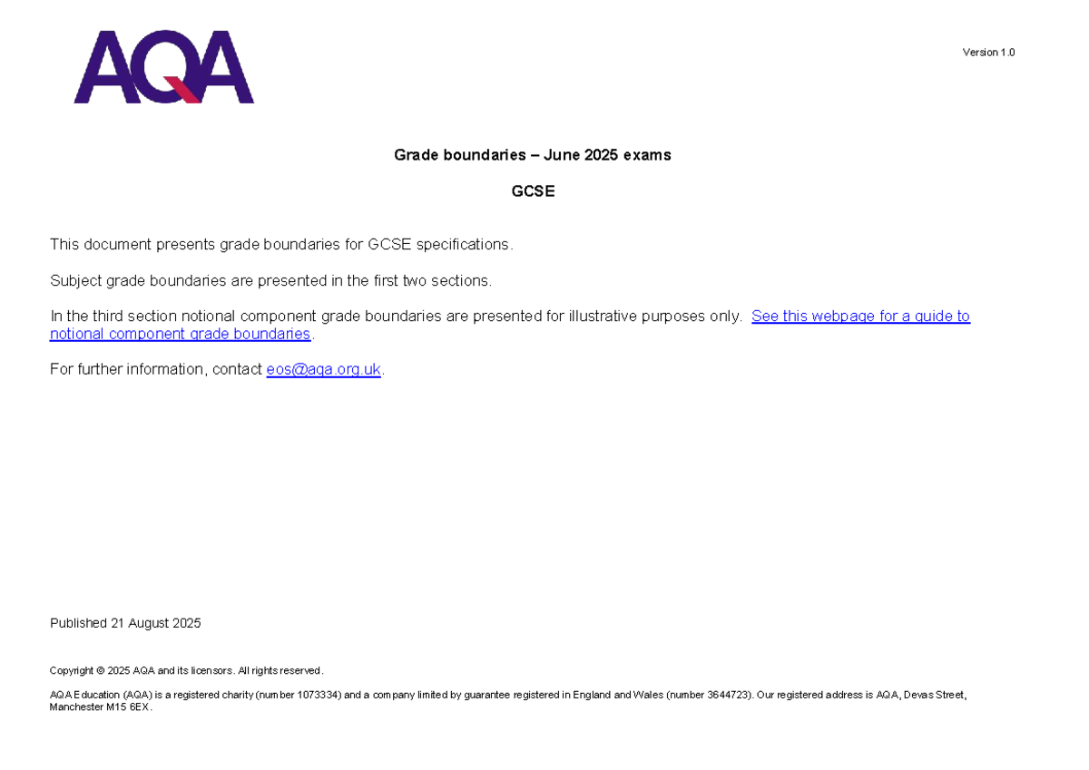 AQA GCSE Grade Boundaries June 2025 - Version 1.0 - Studocu