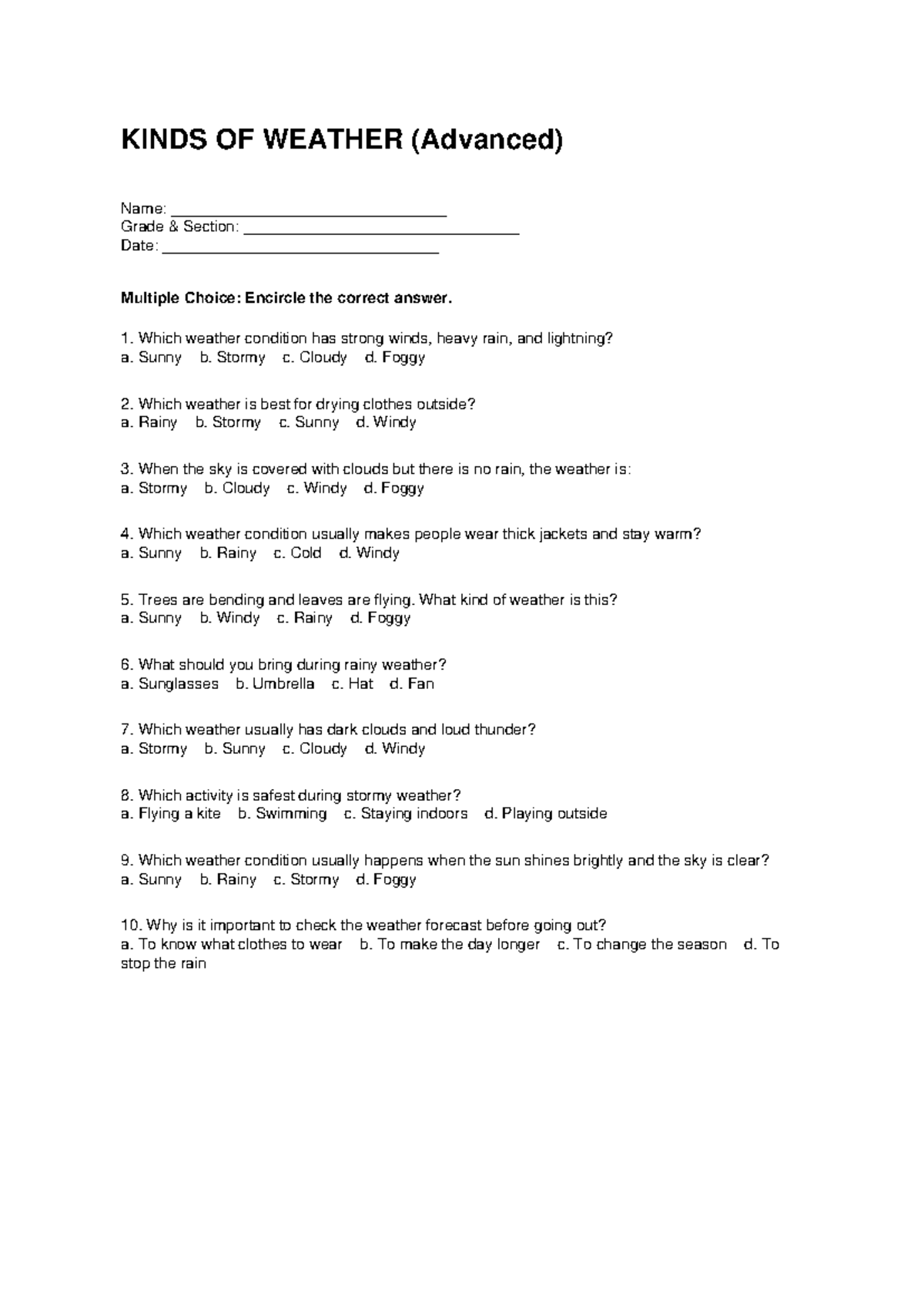 Grade 3 Kinds of Weather Worksheet (Advanced) - Studocu