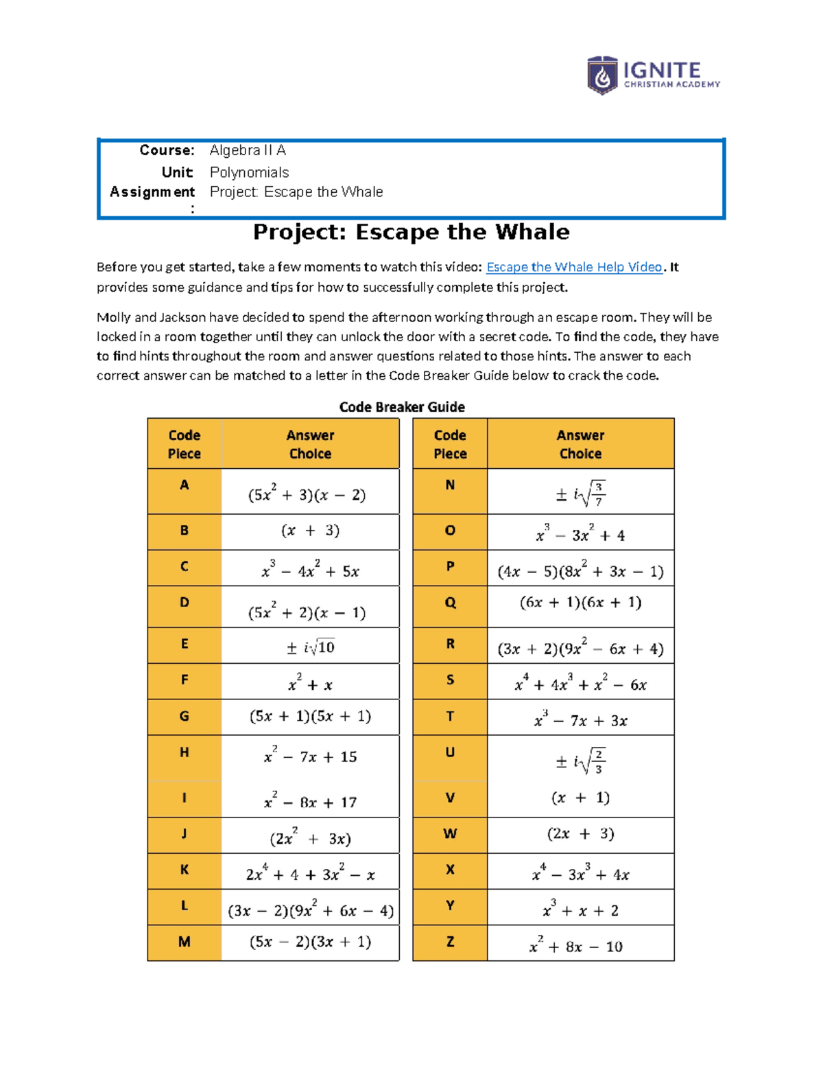Escape the Whale Project: Algebra II A - Polynomials Assignment M1103A ...