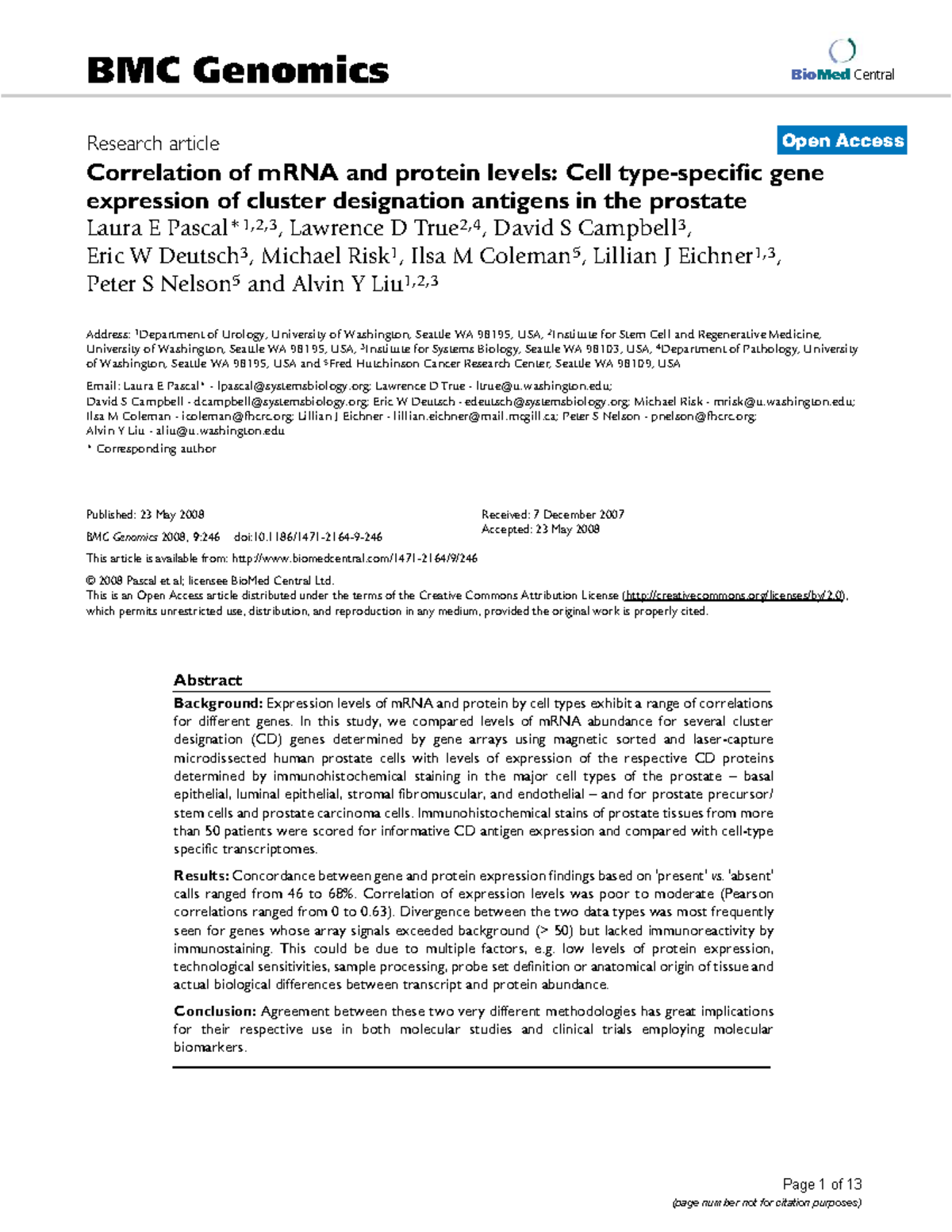 Correlation of mRNA and Protein Levels in Prostate Cells: A Study on CD ...