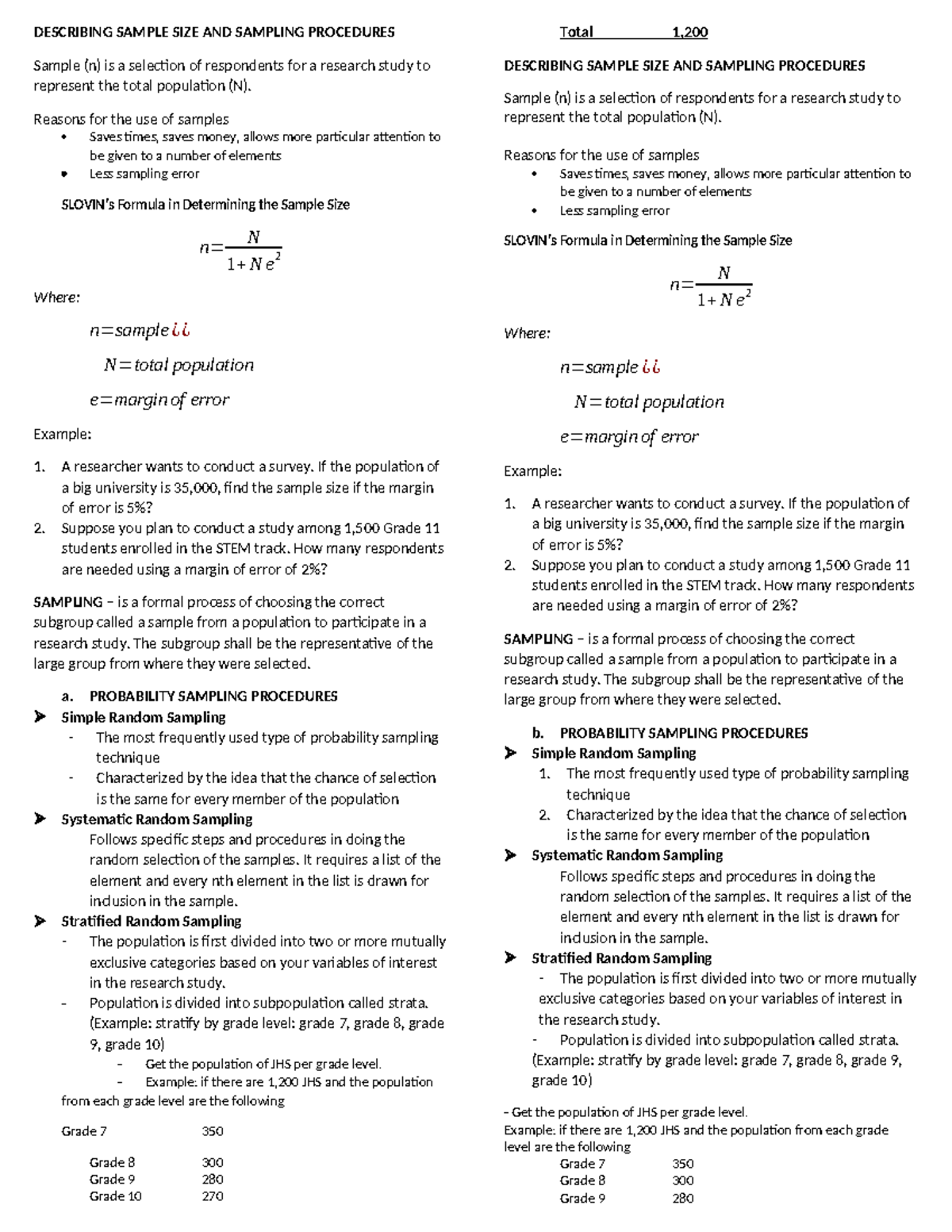 Describing Sample SIZE AND Sampling Procedures - DESCRIBING SAMPLE SIZE ...