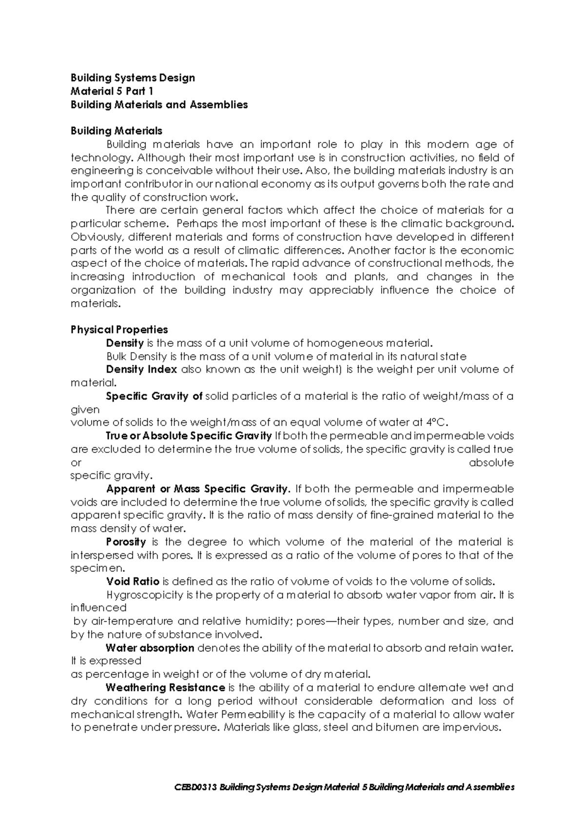 CEBD0313 Building Systems Design: Chapter 5 - Building Materials ...
