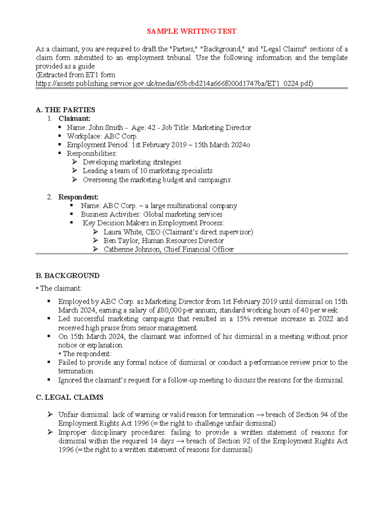 Sample Writing Test - English for Law: Claim Form Draft - Studocu