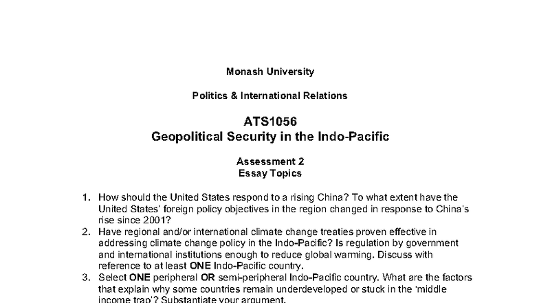 ATS1056 International Relations Essay Topics & Plan Template - Studocu