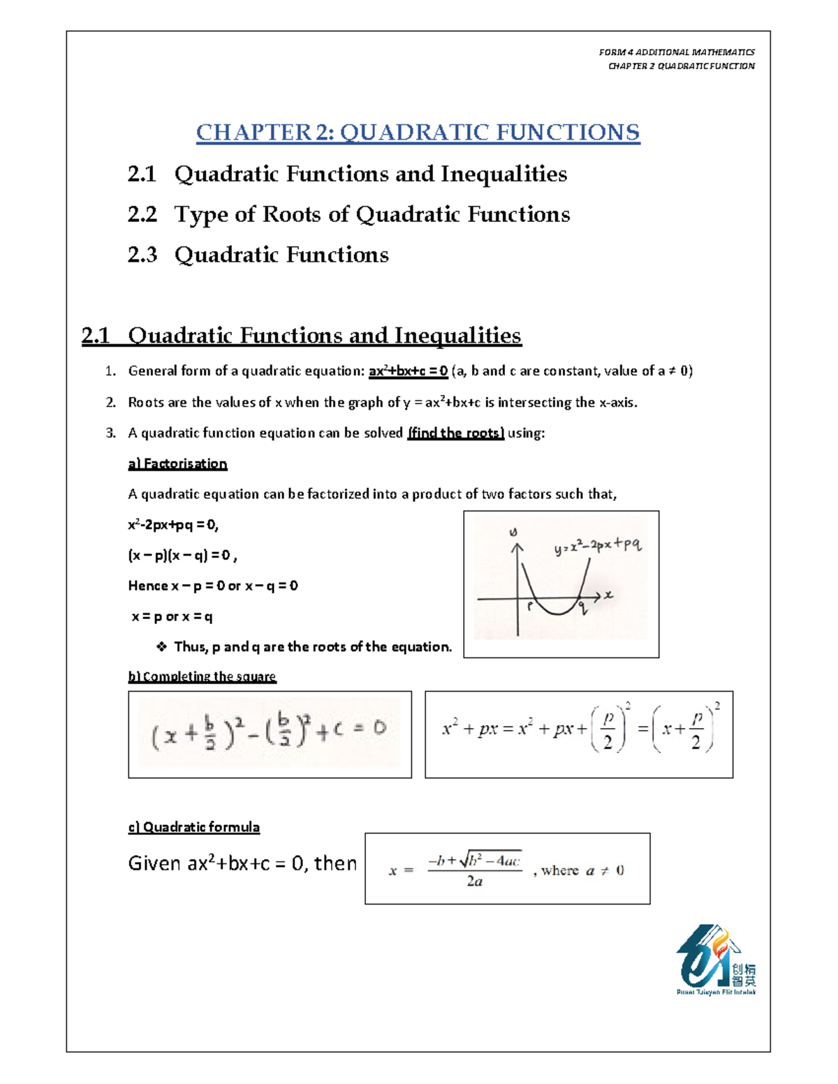 F4 add maths chapter 2 quadratic function - CHAPTER 2: QUADRATIC ...