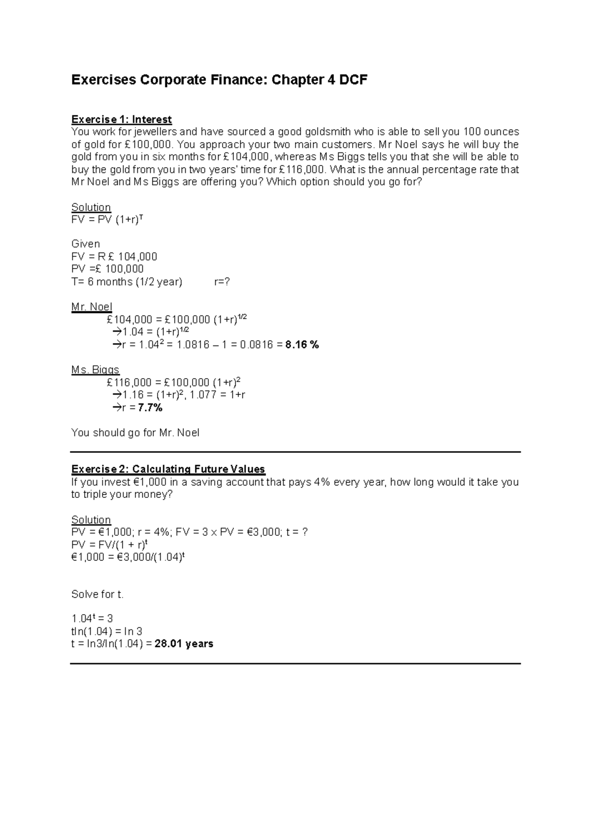Corporate Finance Exercises: Chapter 4 DCF Solutions and Analysis - Studocu