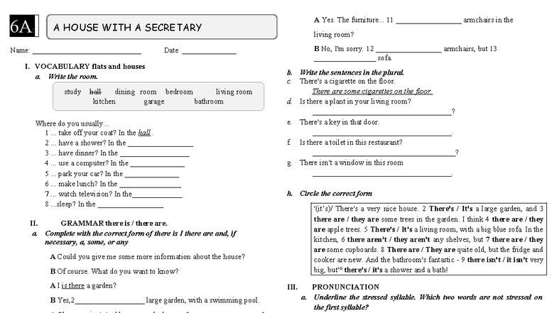 6A, 6B, 6C, 6D: Vocabulary and Grammar Exercises on Houses and Hotels ...