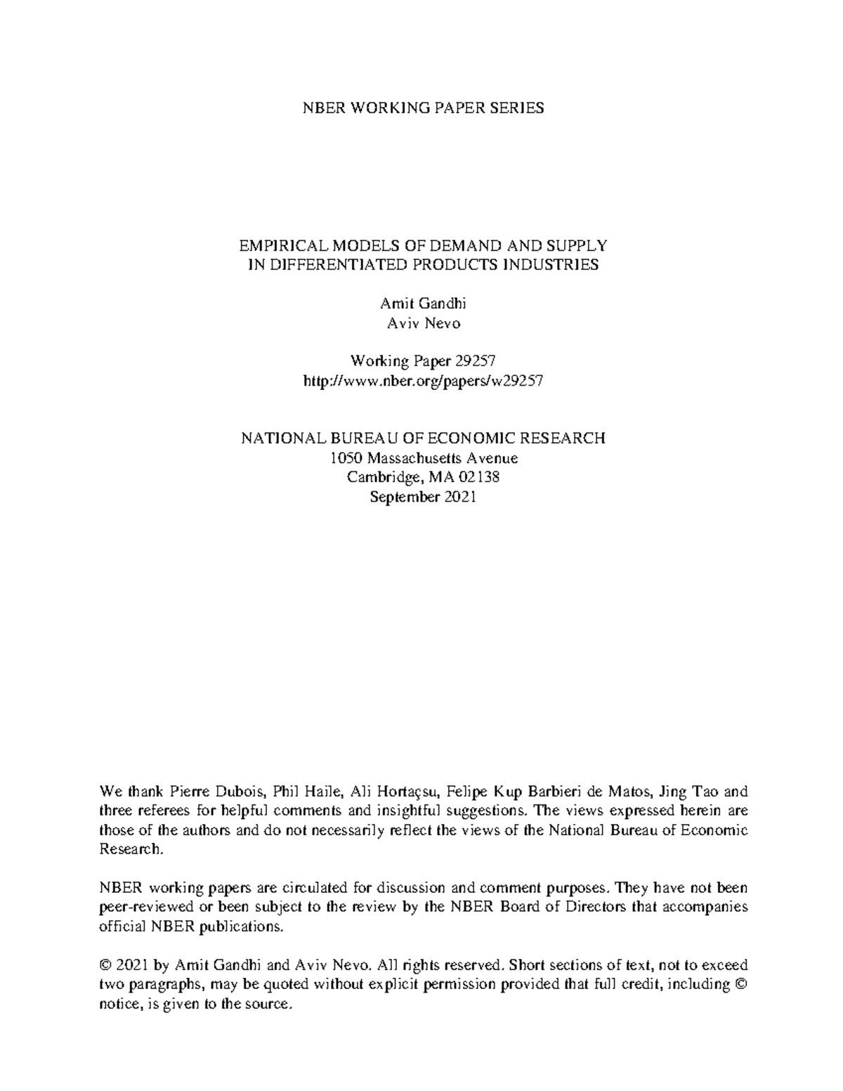 Empirical Models of Demand & Supply in Differentiated Products (W29257 ...